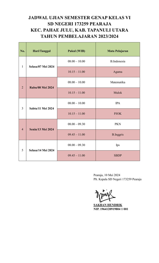 CONTOH JADWAL UJIAN SEKOLAH DASAR KELAS 2 SAMPAI KELAS 5 | DOCX
