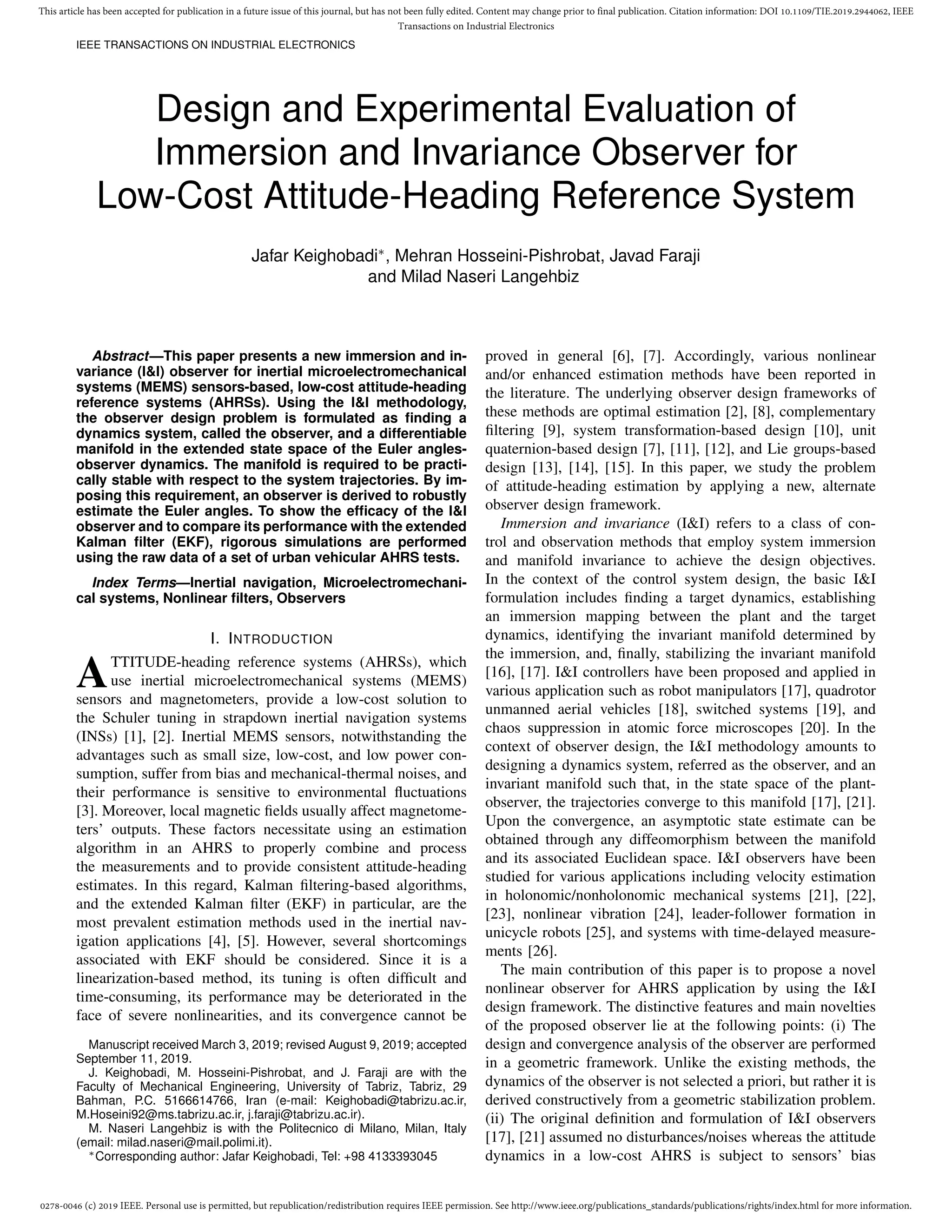 Design and Experimental Evaluation of Immersion and Invariance Observer for Low-Cost Attitude ...