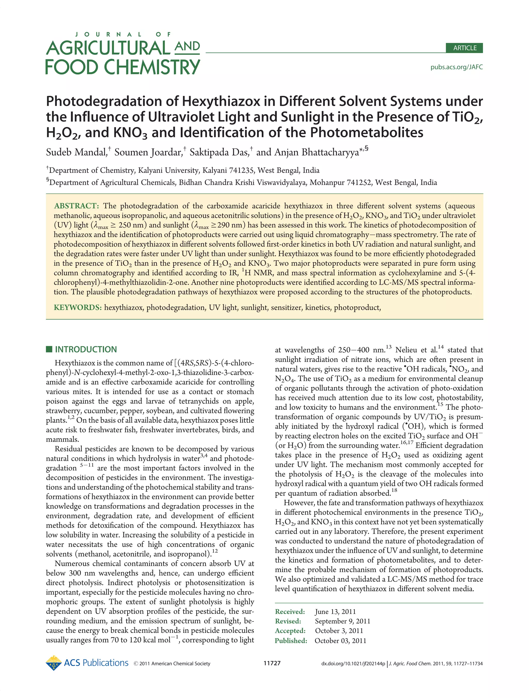 Photodegradation of Hexythiaz ox in Different Solvent Systems under the ...