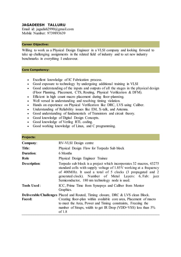 Jagadeesh vlsi cv | PDF