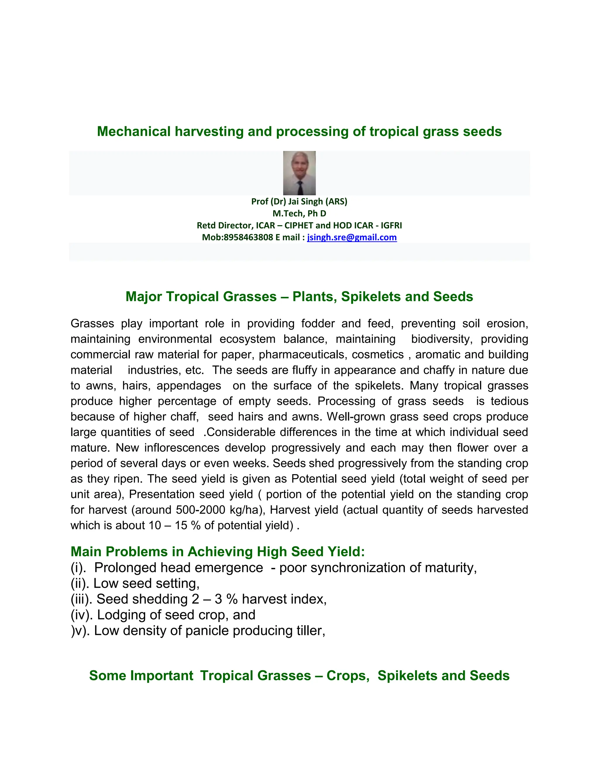 Mechanical harvesting and processing of tropical grass seeds | DOCX