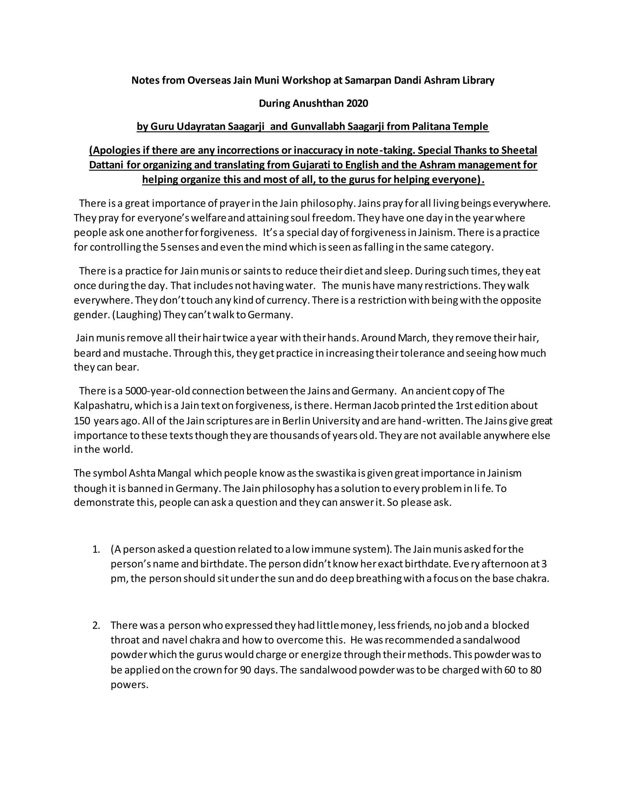 Anushthan Jain Muni (Saints) Workshop for Overseas Meditators at Samarpan Ashram Dandi 2020 | DOCX