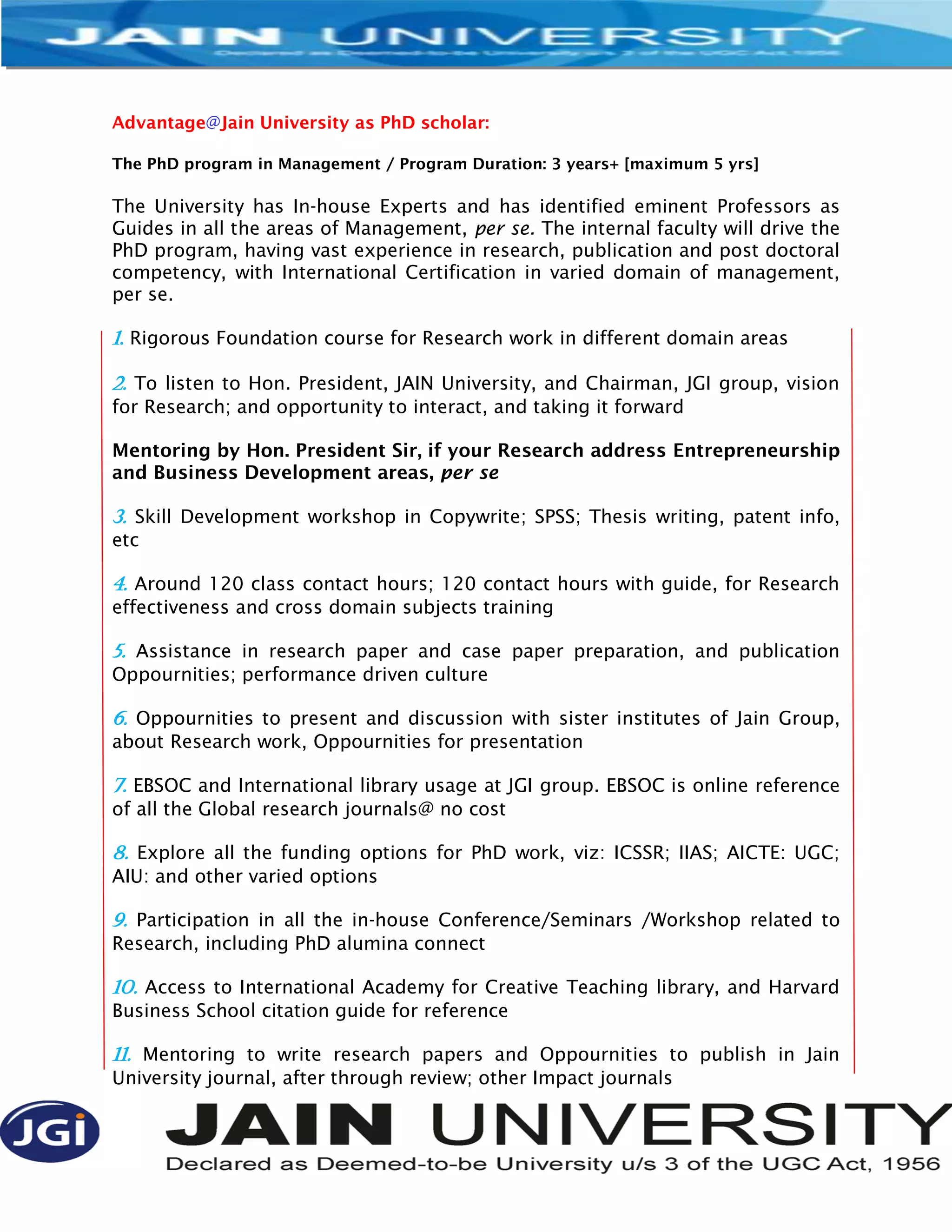 PhD Advantage@JAIN University research program in Management and ...