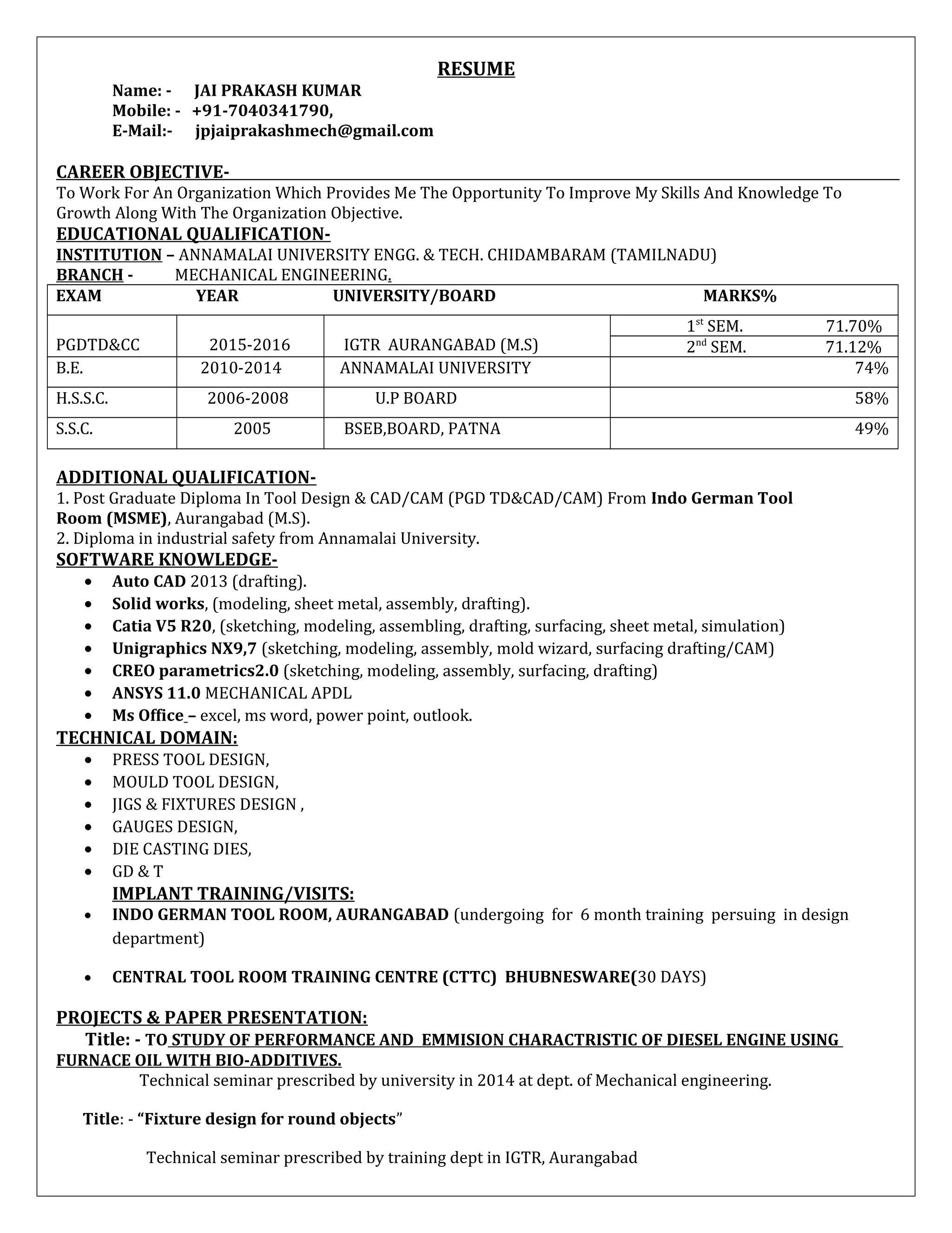 Jai prakash resume11 | DOC | Careers