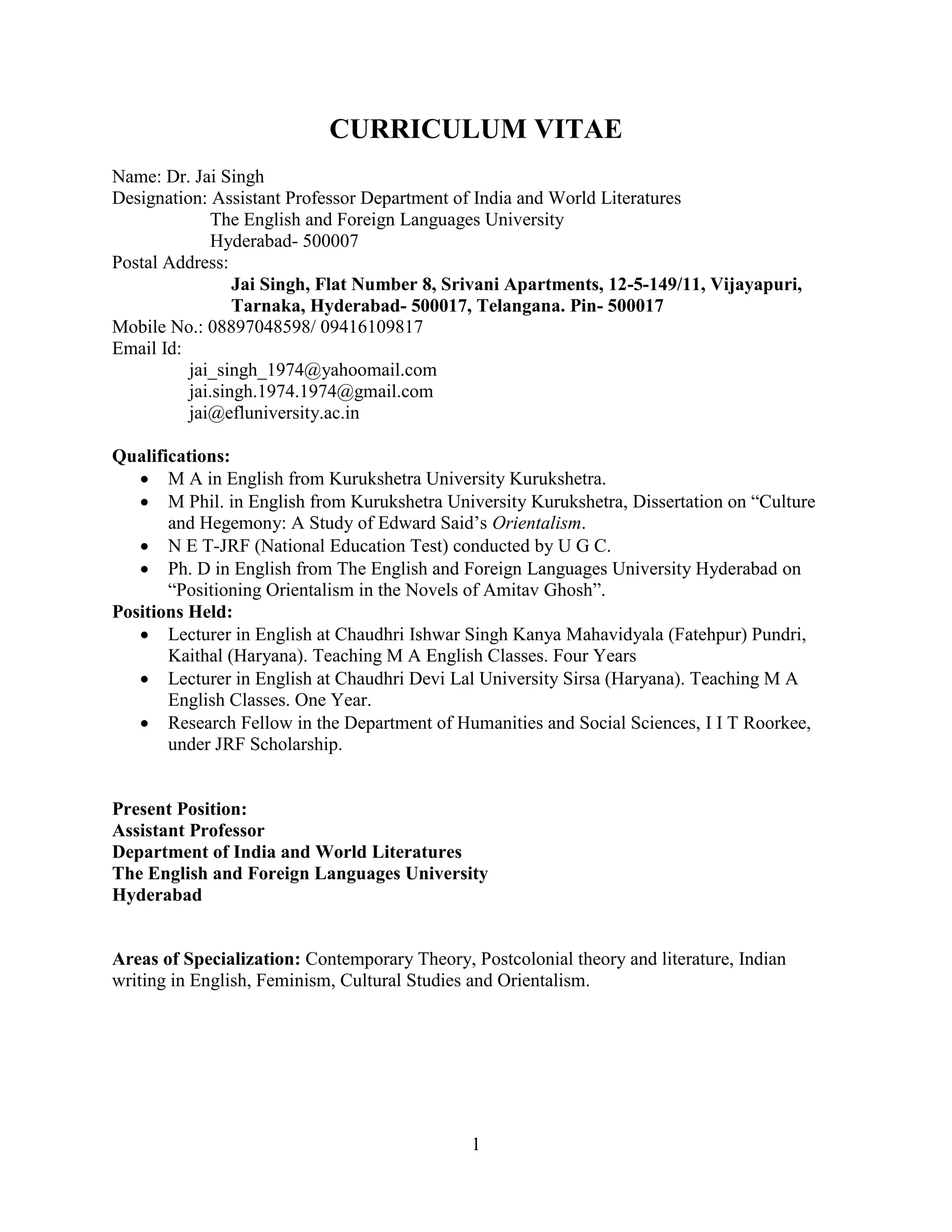 Jai singh curriculum vitae december 2016 | PDF