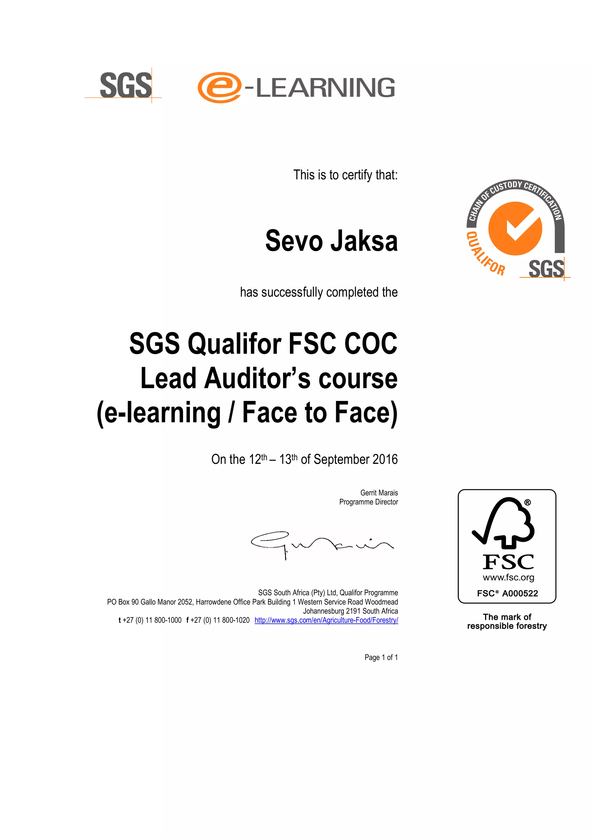 Jakša ševo sgs qualifor fsc coc lead auditor | PDF