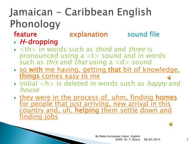 Jamaican English Creole, a Phonological View | PPSX | Reggae | Music