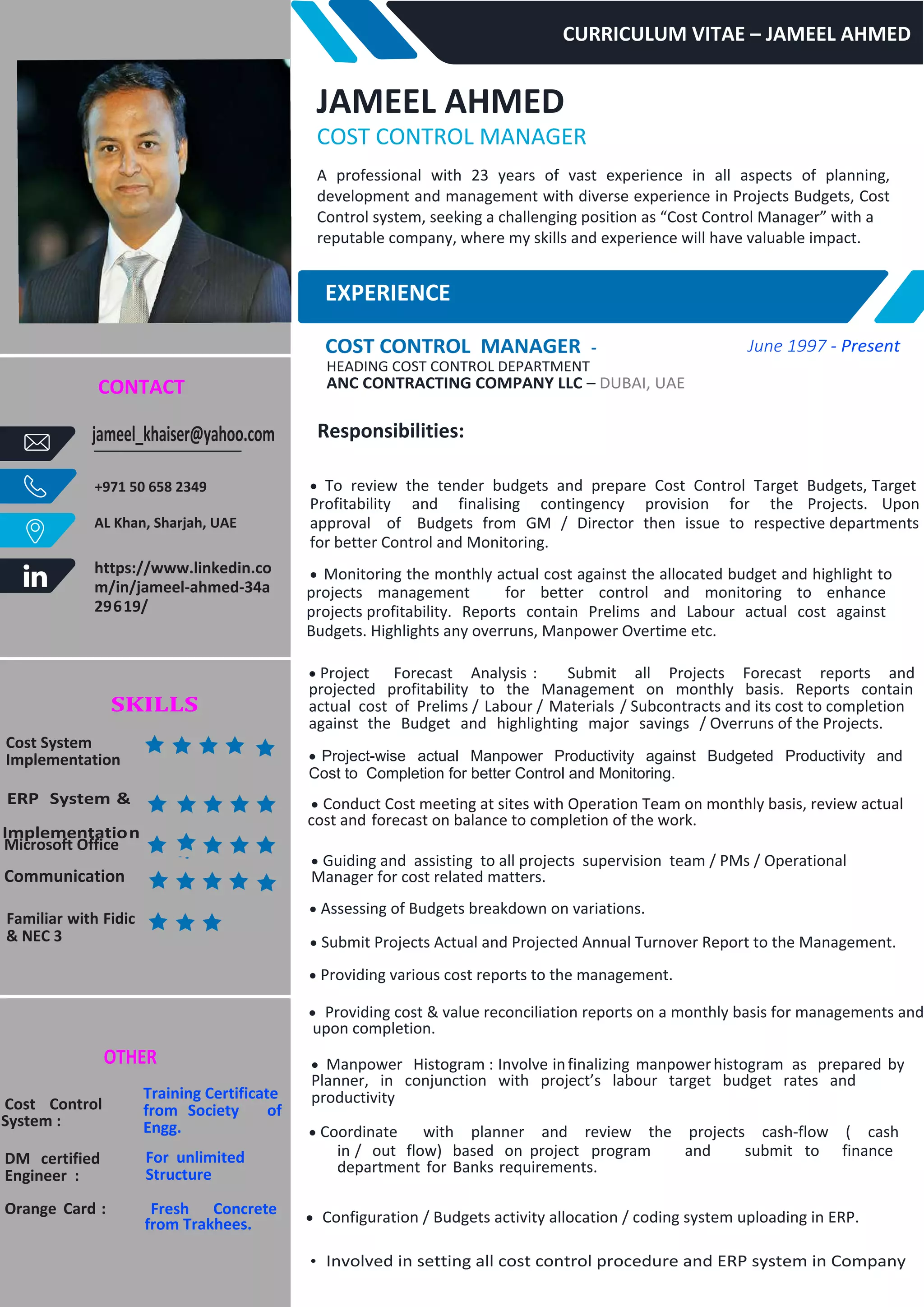 Jameel ahmed cv - Cost Control Manger | PDF