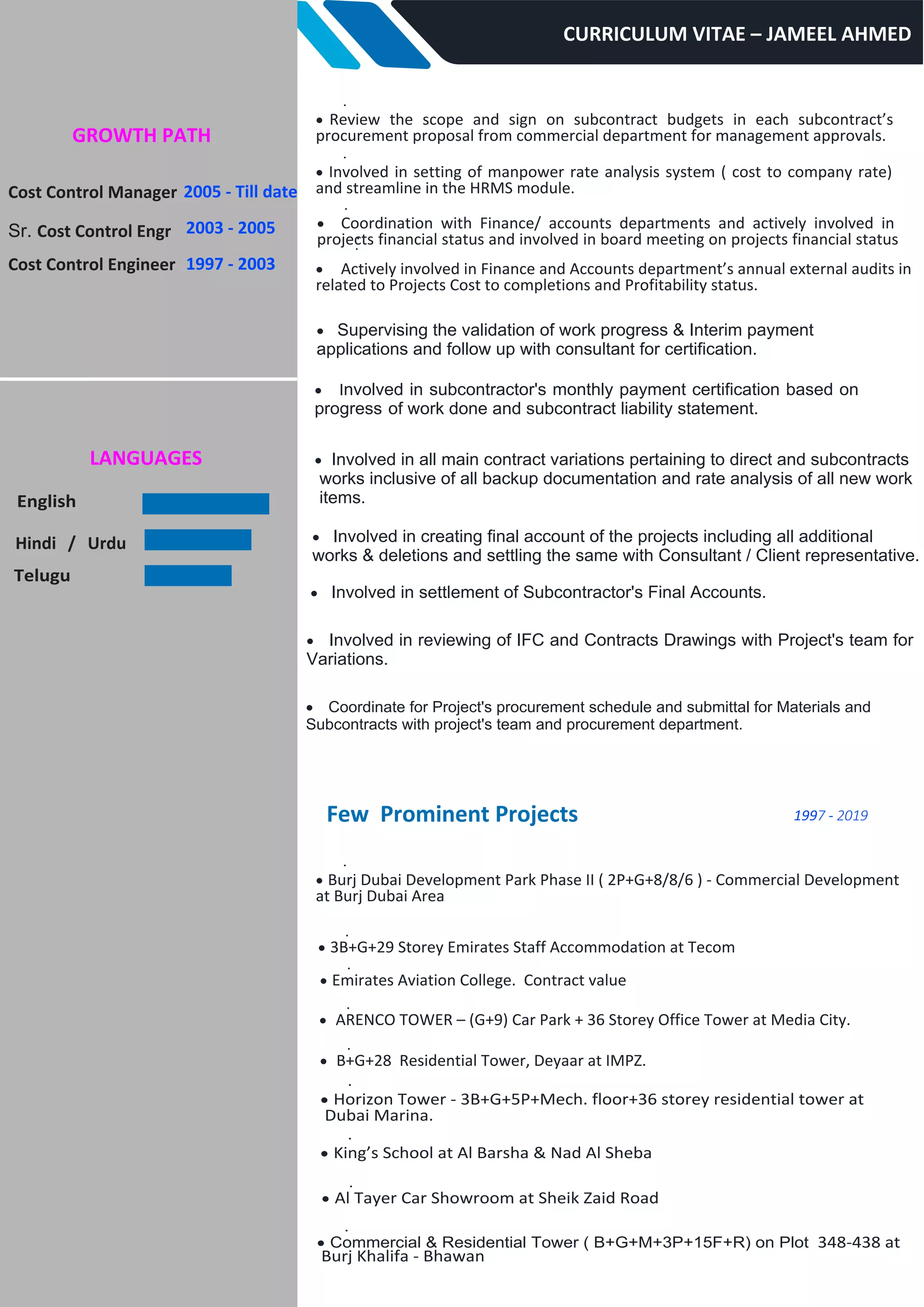 Jameel ahmed cv - Cost Control Manger | PDF