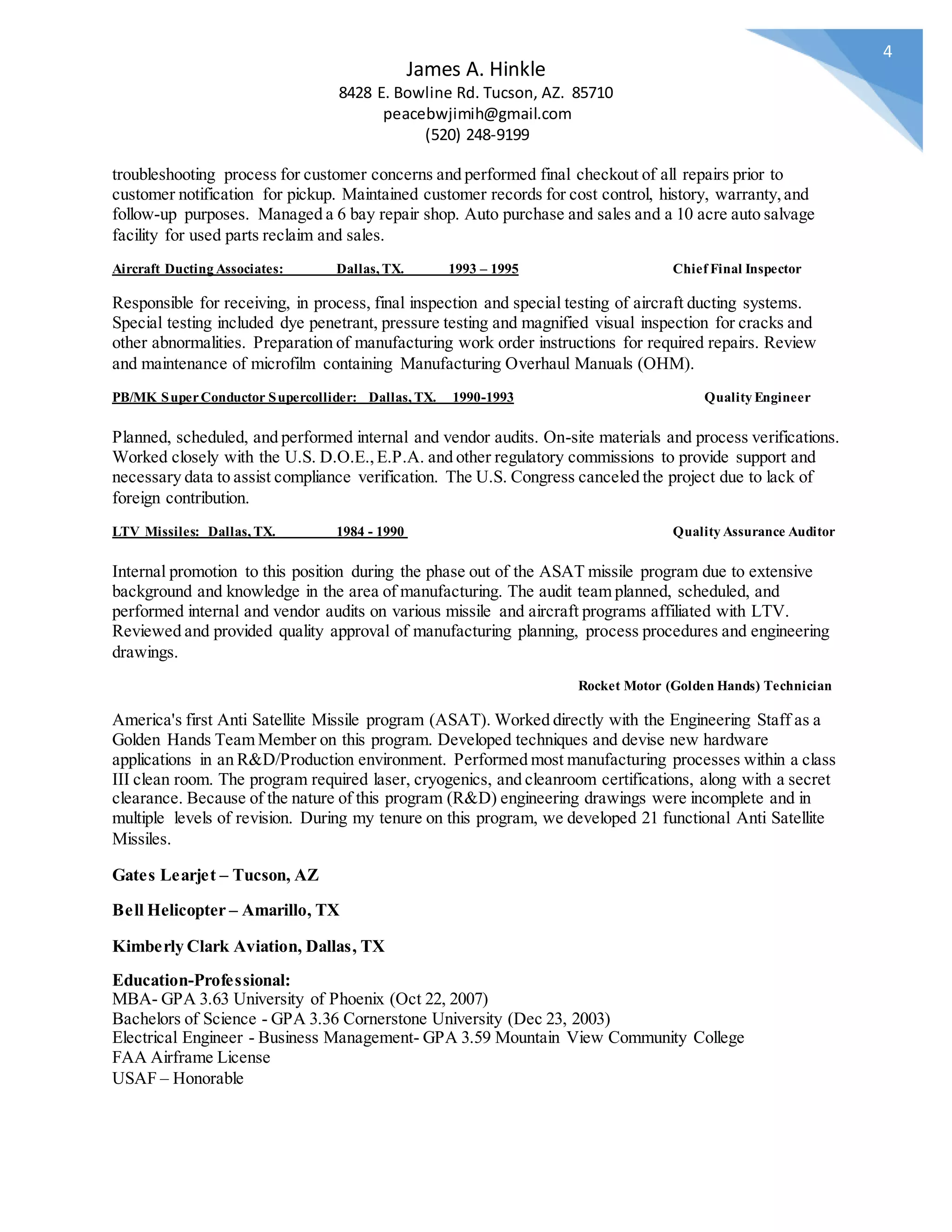 James a.hinkle resume quality manufacturing 1976 - 2016 | DOCX