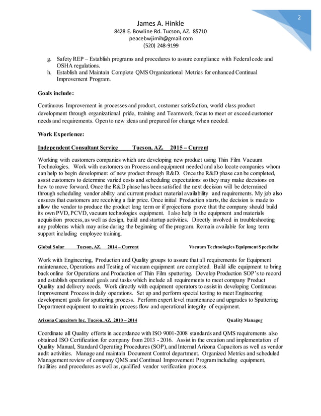 James a.hinkle resume quality manufacturing 1976 - 2016 | PDF