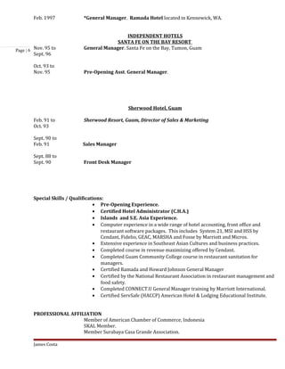 James costa (updated feb 2018) | DOC | Hotels and Motels | Travel Type