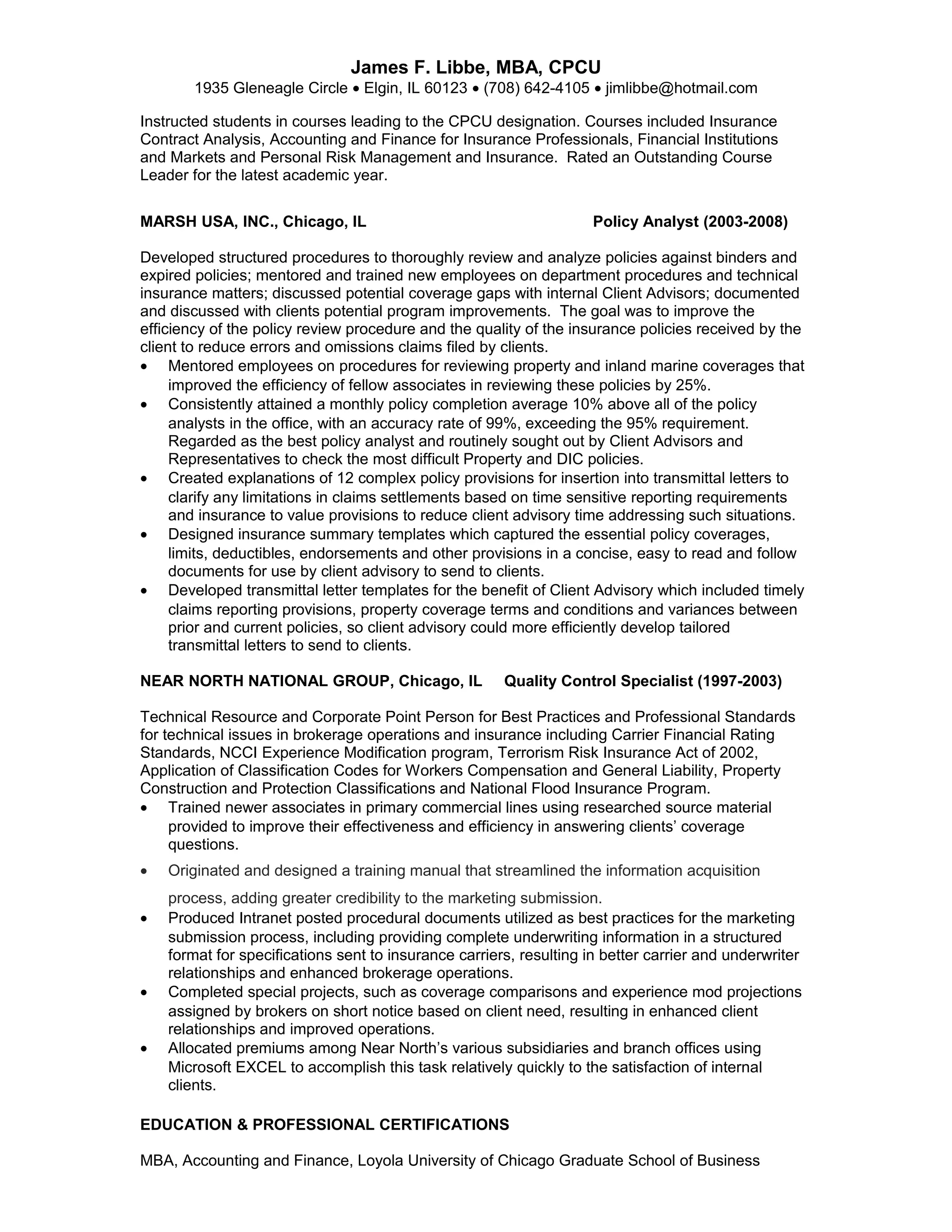 James libbe insurance operations resume | DOC