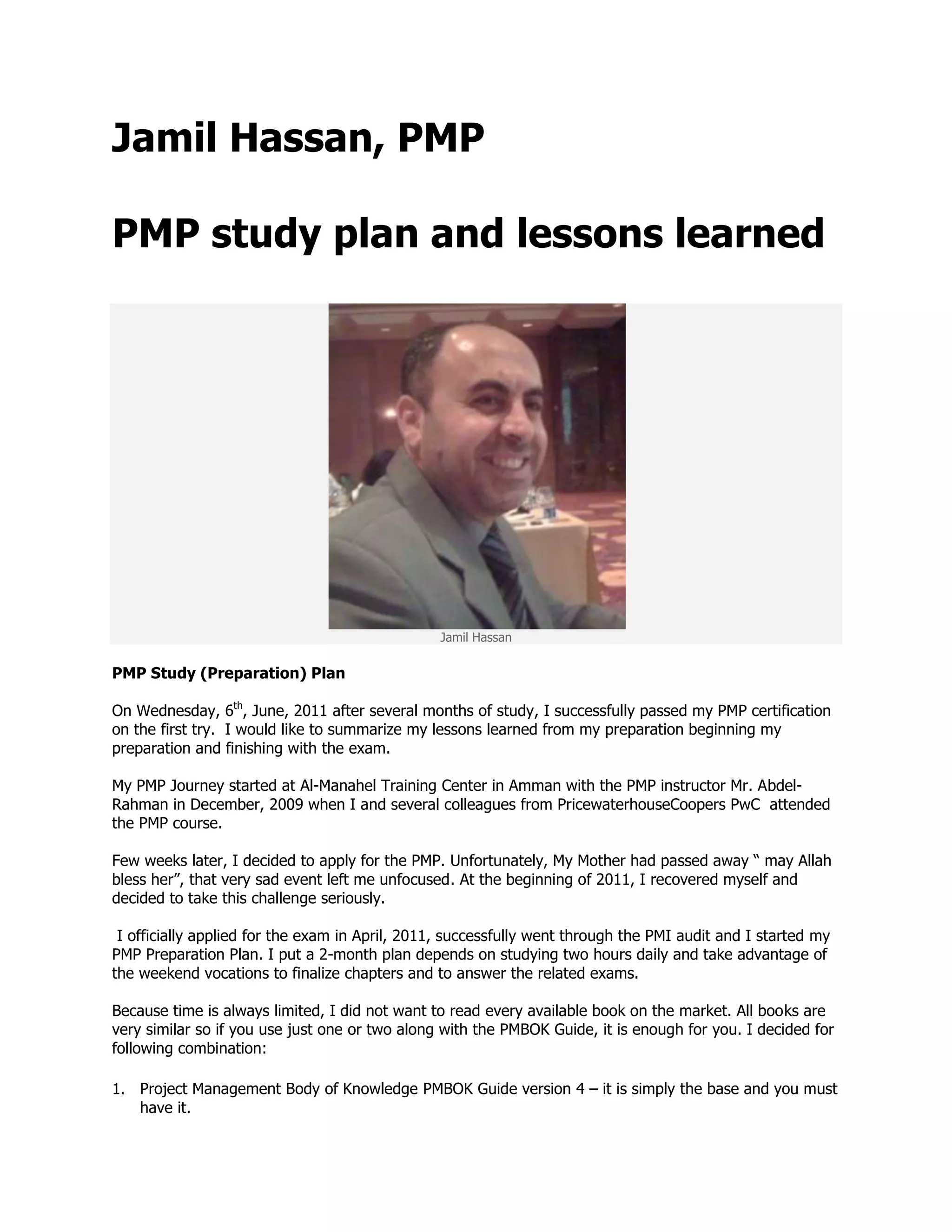 Jamil Hassan, PMP lessons learned. | DOCX