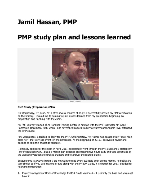 Jamil Hassan, PMP lessons learned. | PDF