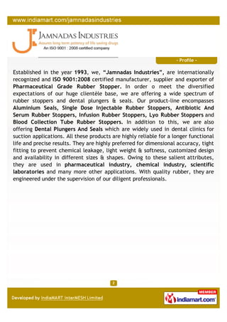 Jamnadas Industries, Dahod, Injectable Rubber Stoppers | PDF