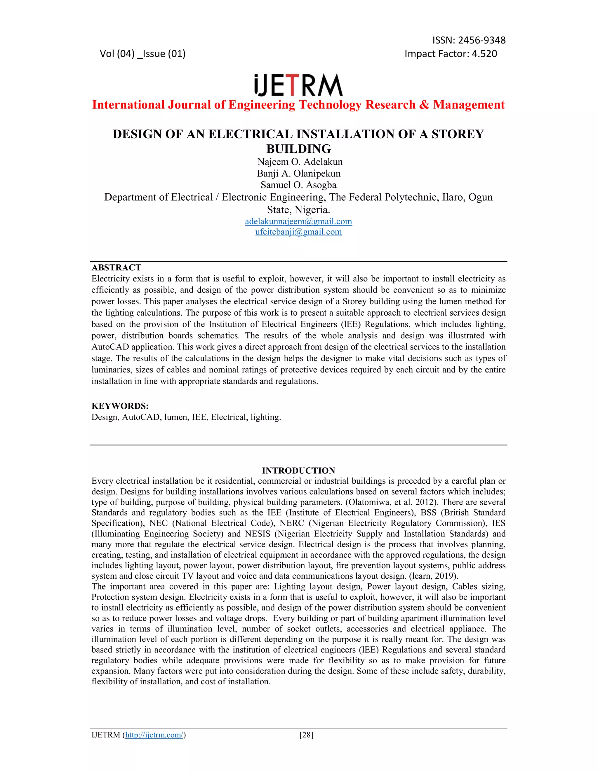 DESIGN OF AN ELECTRICAL INSTALLATION OF A STOREY BUILDING | PDF