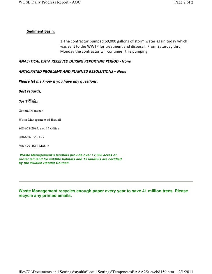 Jan. 28: Waste Management Daily Progress Report