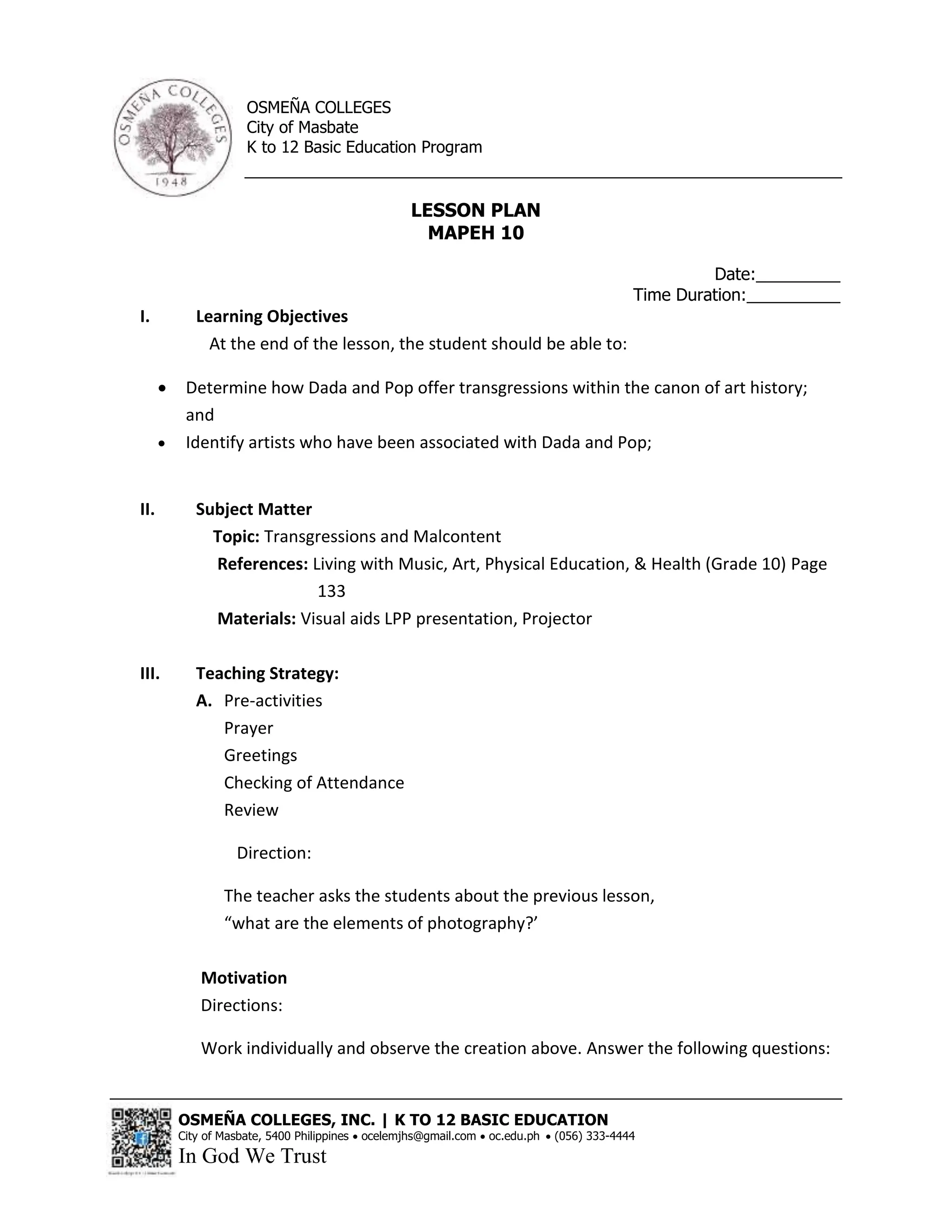 Lesson Plan for MAPEH 10 Transgressions and Modernizations | PDF