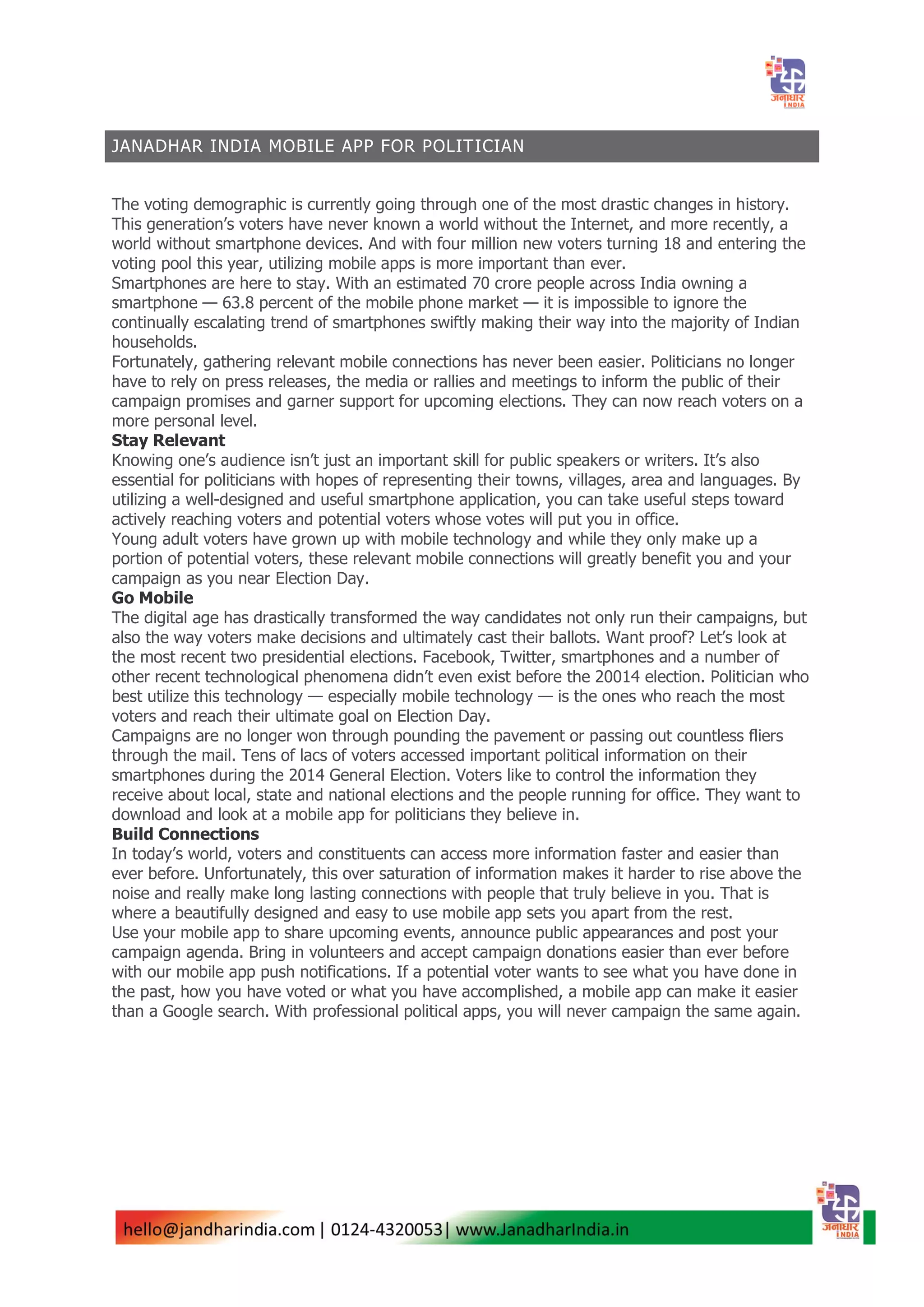 Janadhar India Mobile APP for Political and Election campaigns | PDF