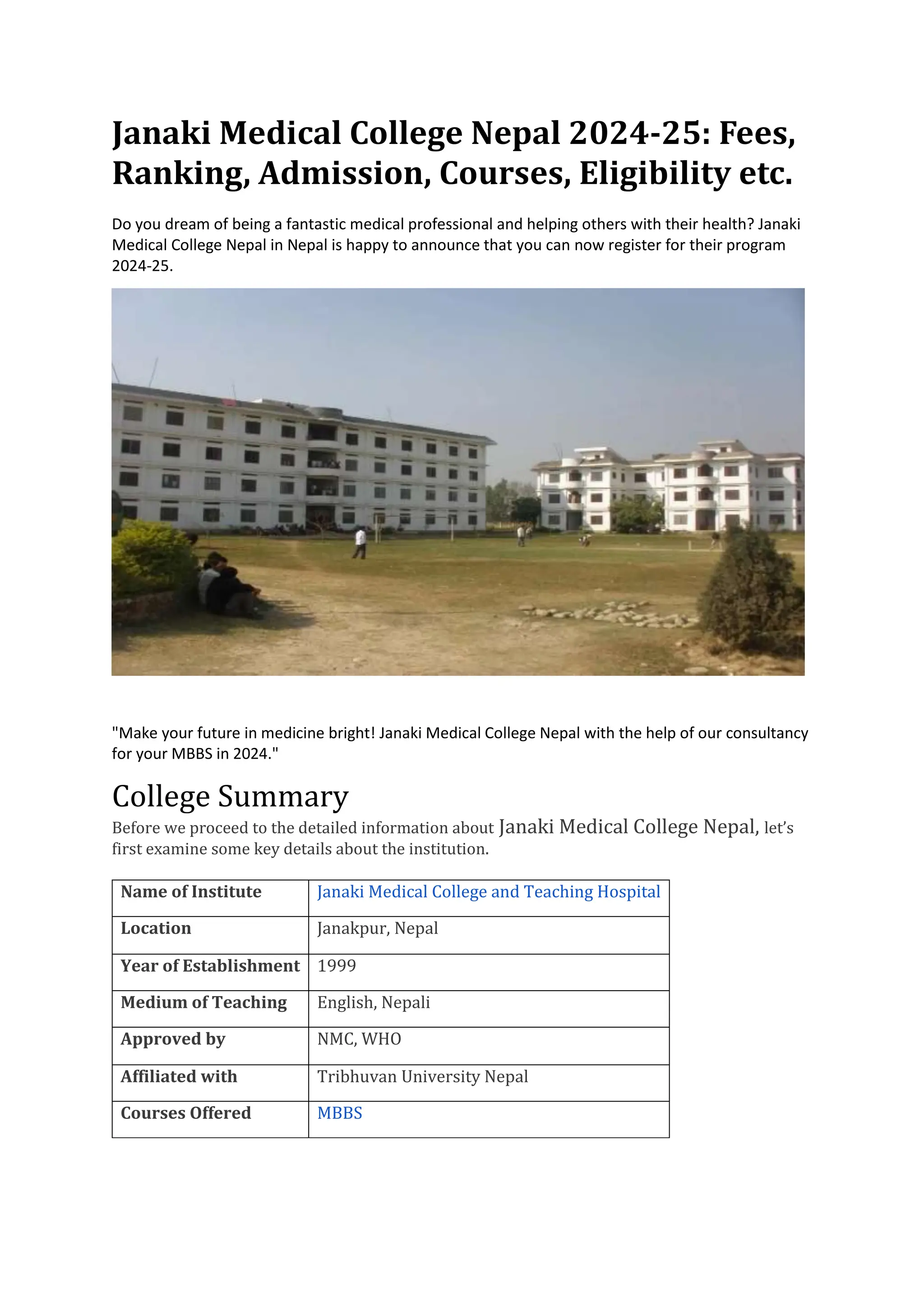 Janaki Medical College Nepal 2024-25: Fees, Ranking, Admission, Courses ...