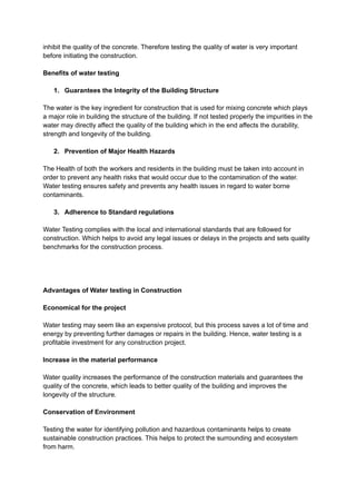 Benefits and necessity of water testing in construction | PDF