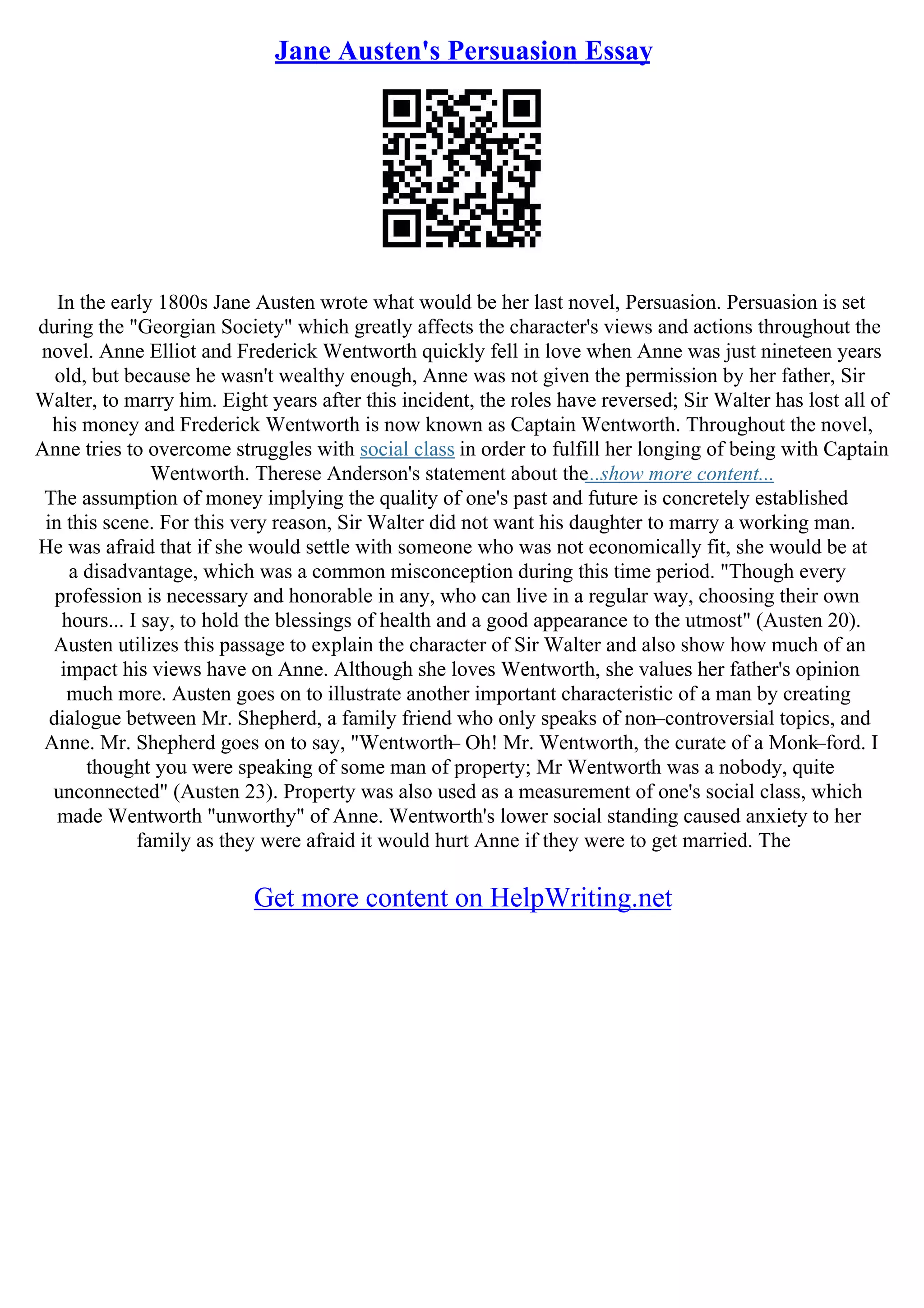 Jane Austen Persuasion Essay | PDF