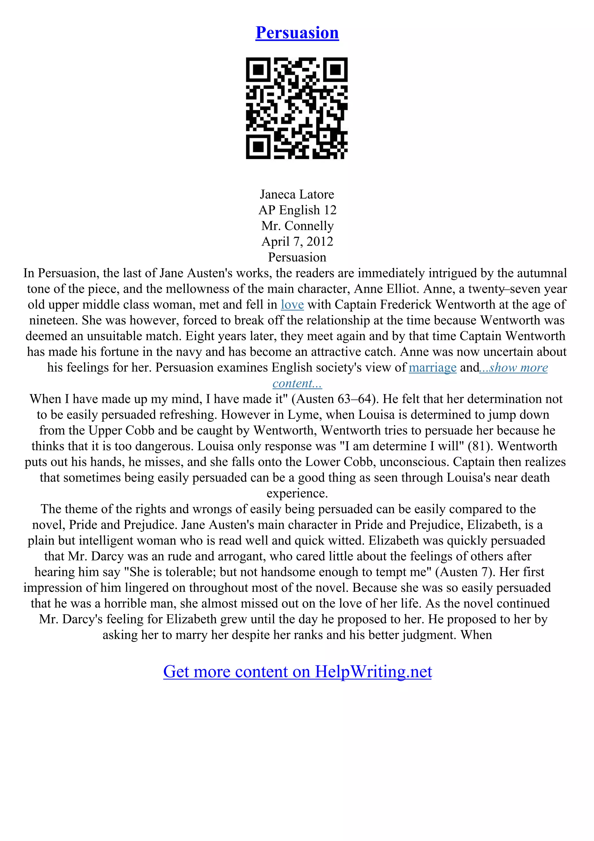 Jane Austen Persuasion Essay | PDF