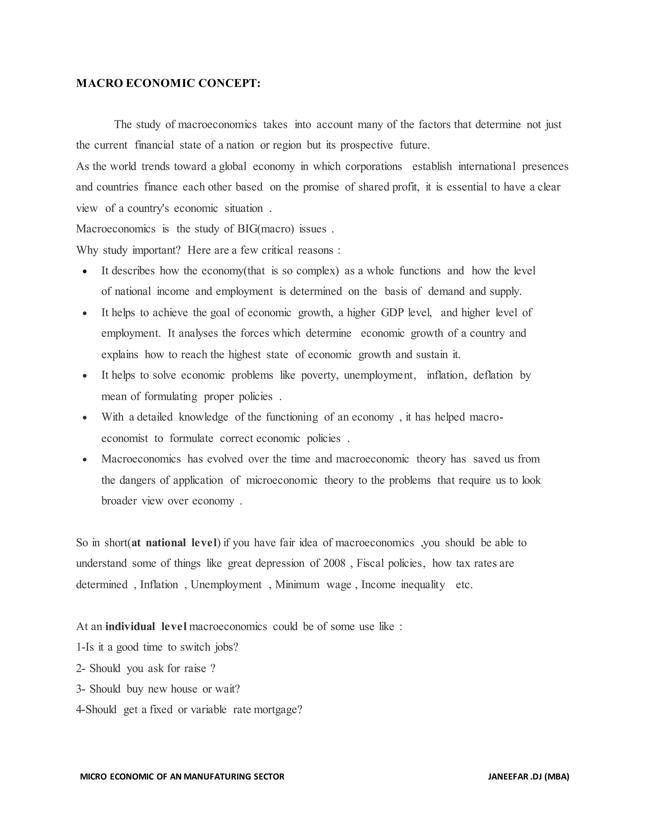 MICRO ECONOMIC IN MANUFATURING SECTOR (PROJECT REPORT) | DOCX