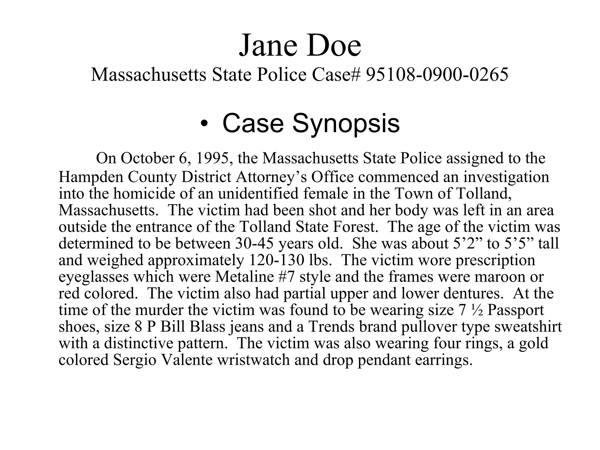 Jane Doe Tolland Power Point | PPT