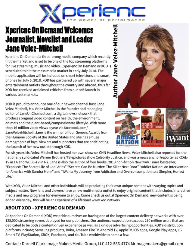 National Television Journalist and Award Winning Author Jane Velez-Mitchell Has Joined the XOD ...