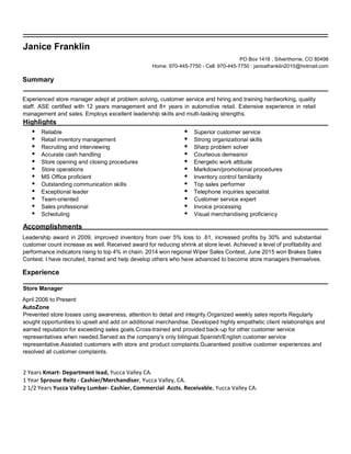 Janice franklin resume retail(1) | PDF