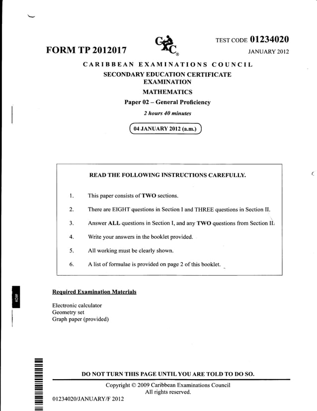 CSEC Mathematics January 2012 Past Paper | PDF