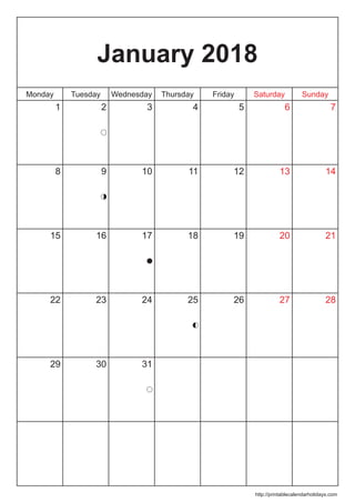 January 2018 calendar template 2 | PDF