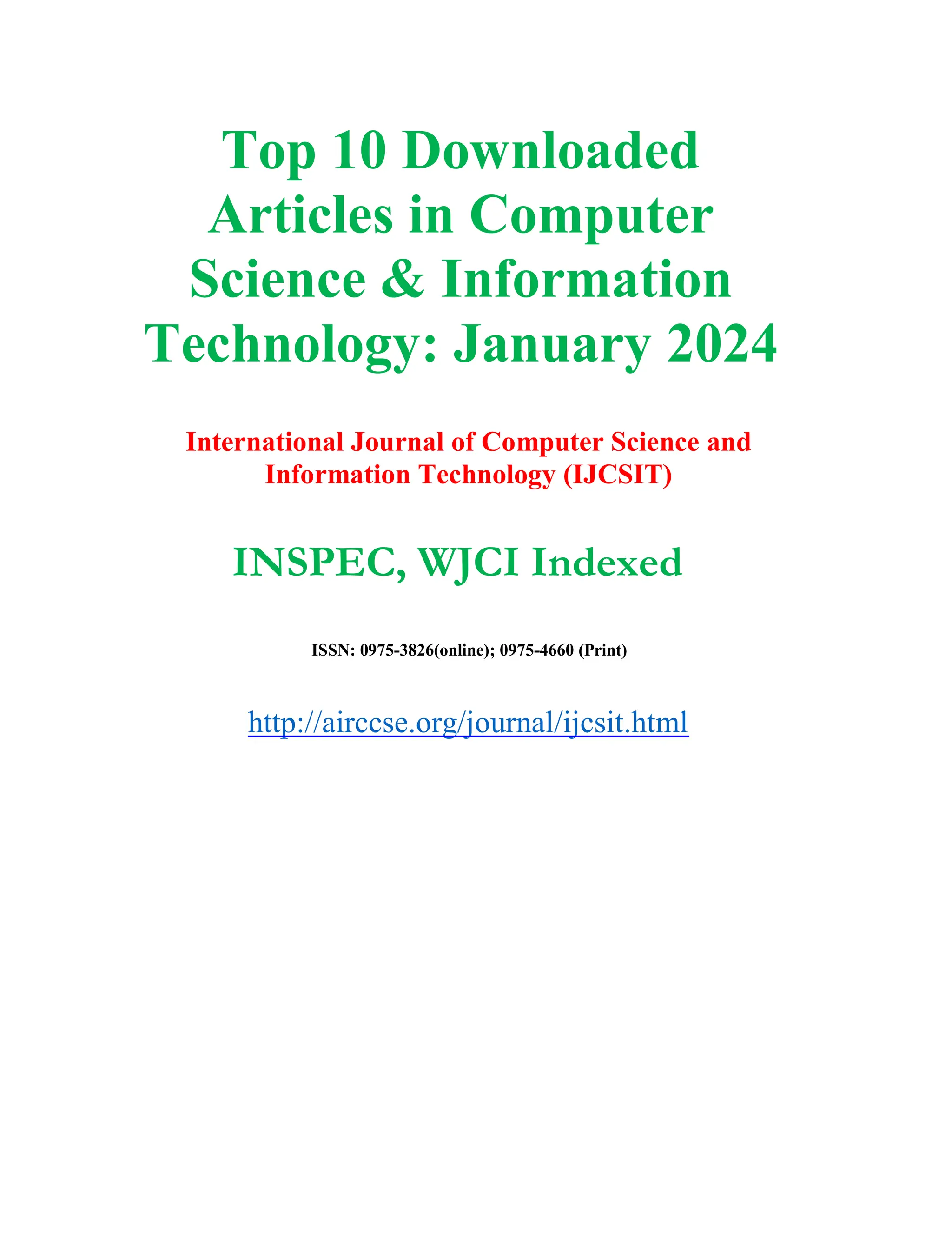 January 2024 : Top 10 Downloaded Articles in Computer Science & Information Technology | PDF