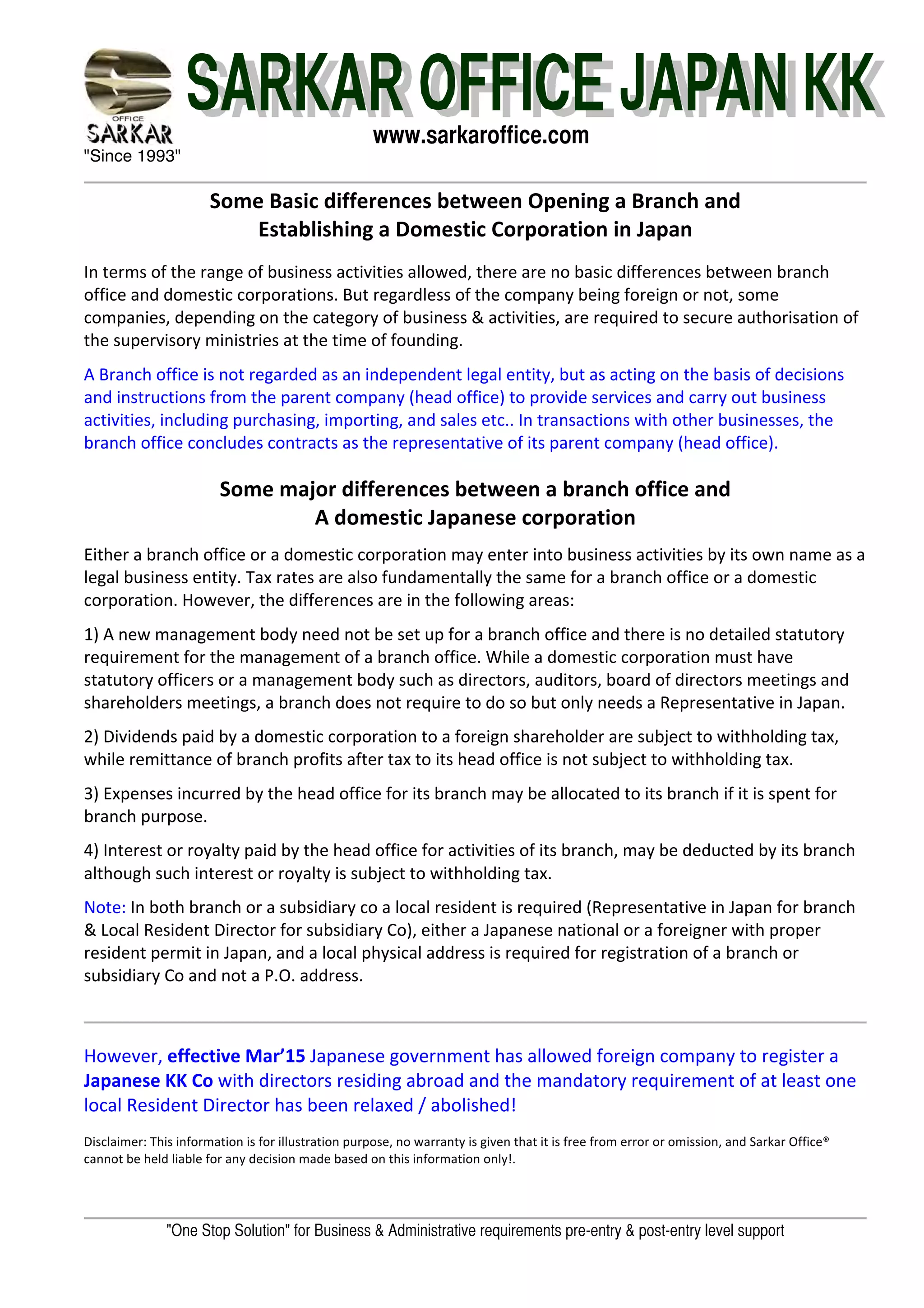 Japan Branch Office vs. Subsidiary & Local Company | PDF