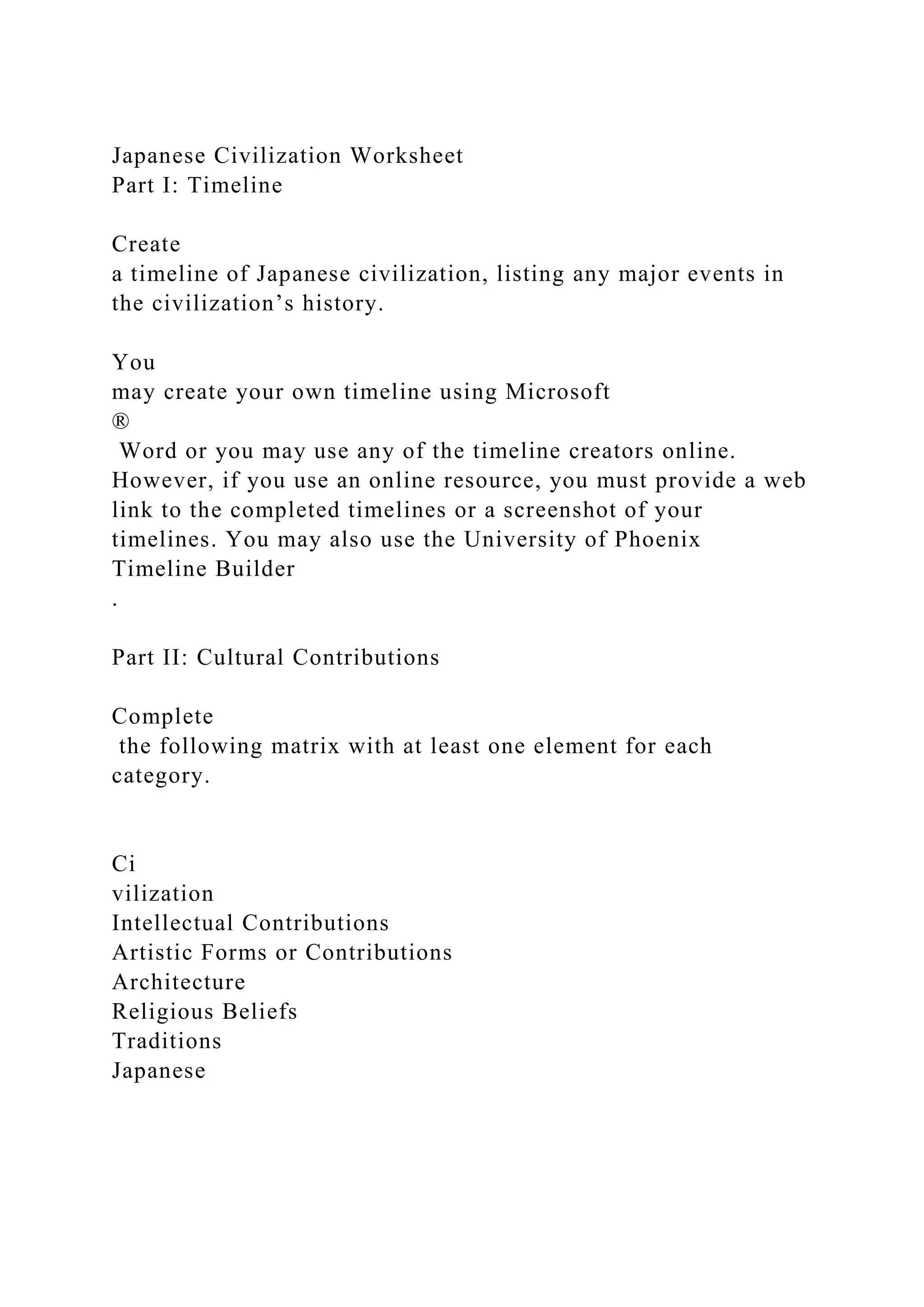 Japanese Civilization WorksheetPart I TimelineCreate a time.docx