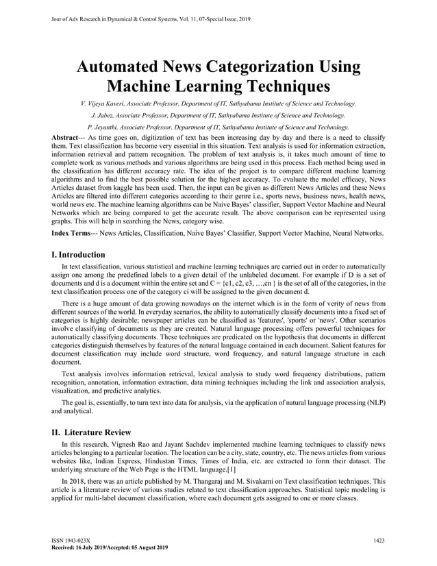 Automated News Categorization Using Machine Learning Techniques | PDF
