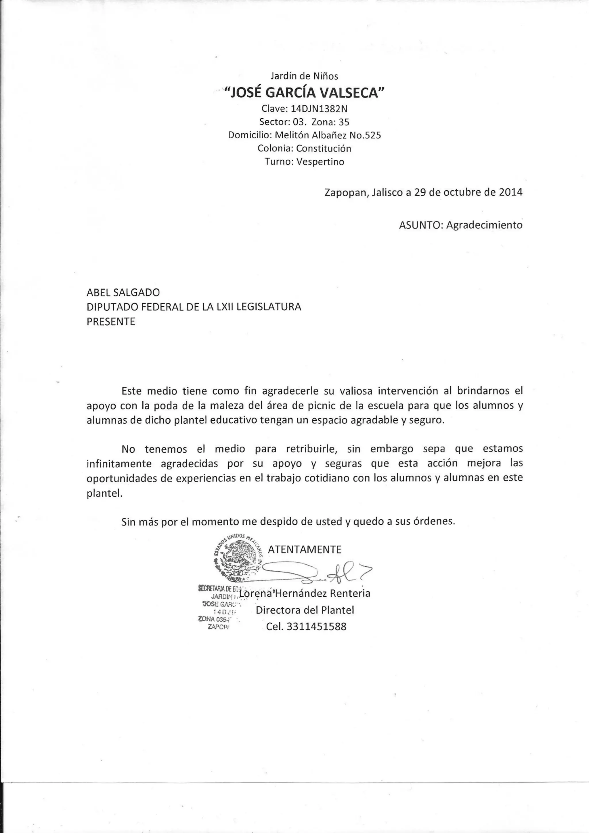 Carta del Jardin de Niños Jose Garcia Valseca. | PDF