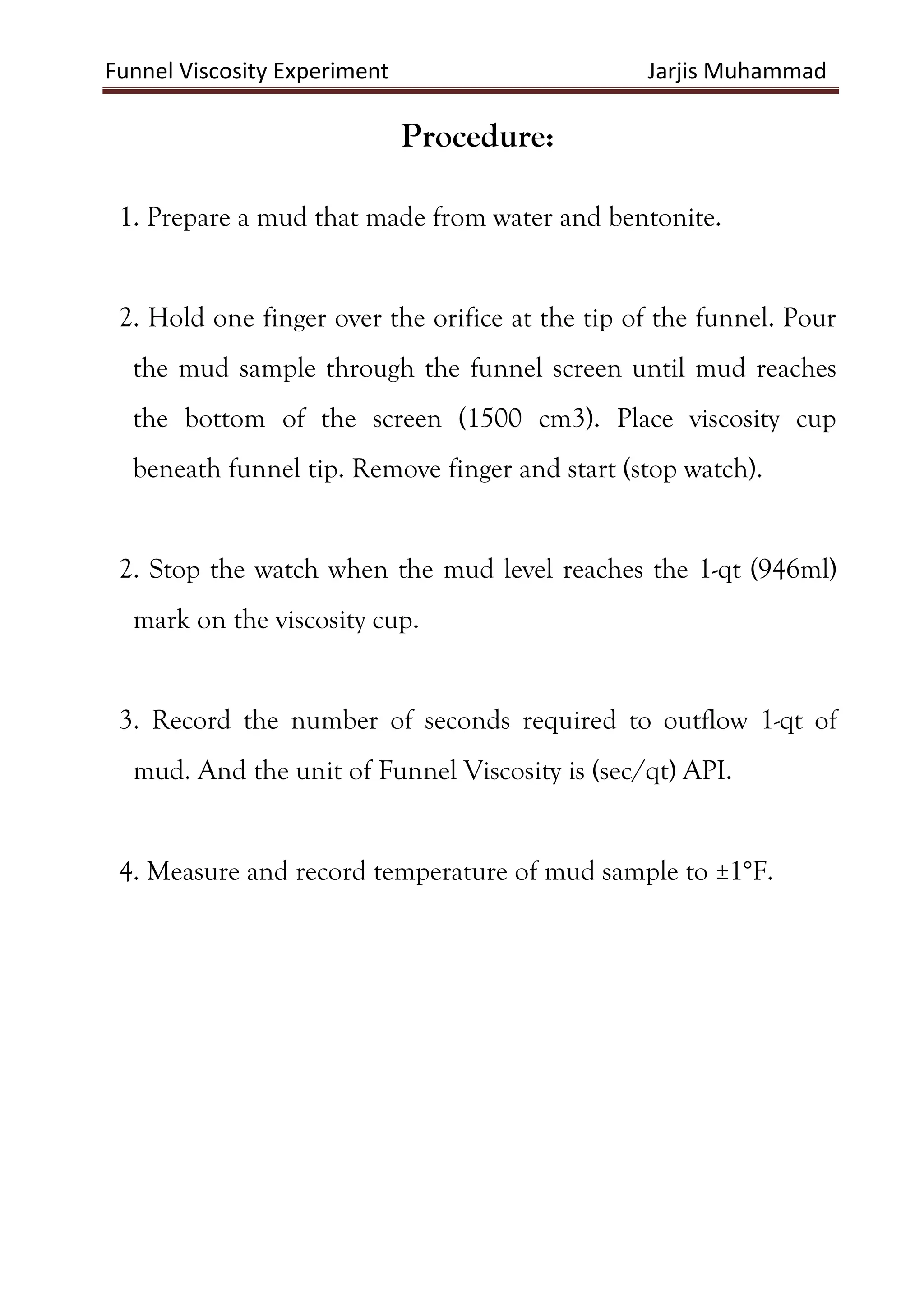 Funnel Viscosity (Marsh Funnel) Exp. | PDF