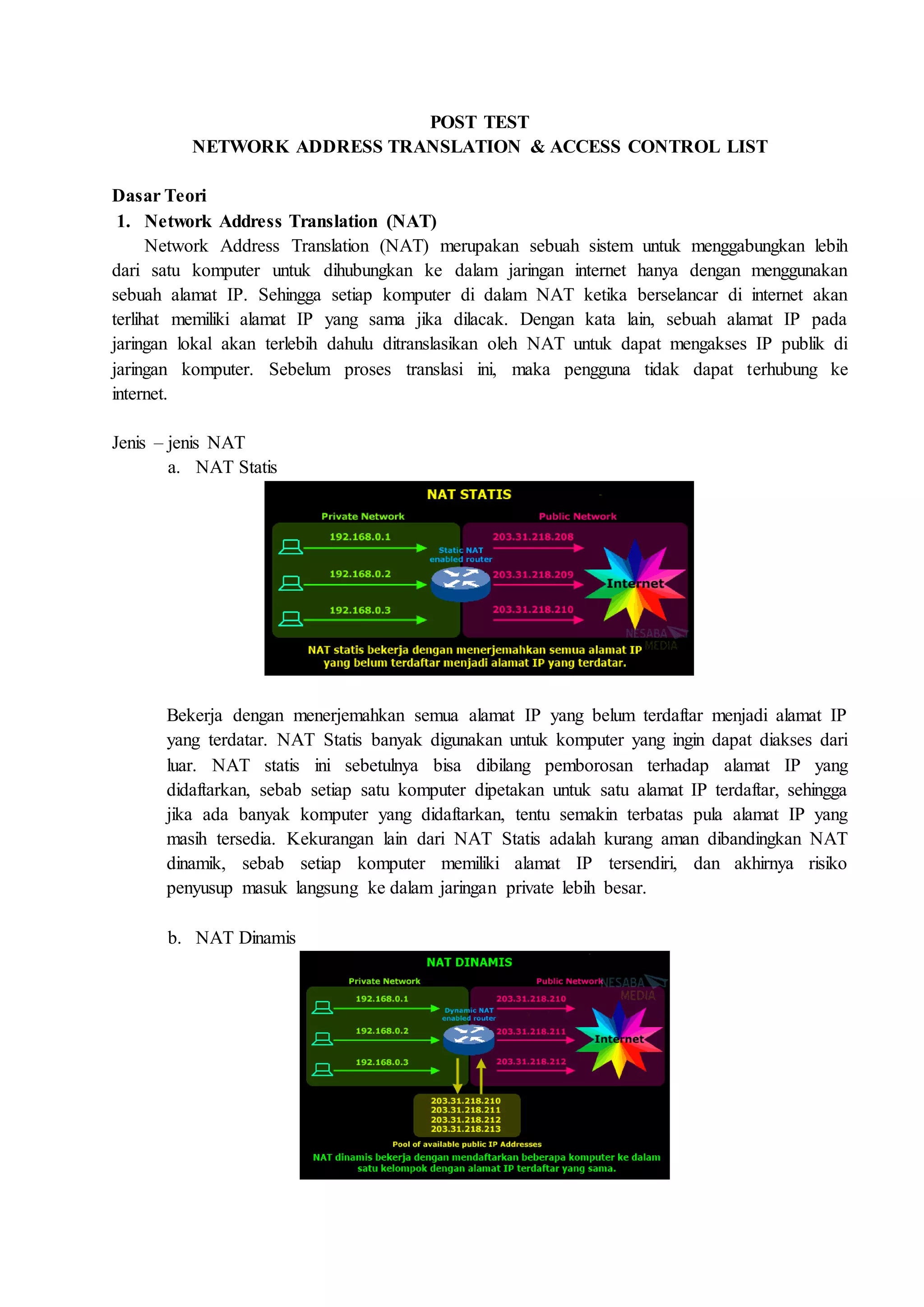JARINGAN KOMPUTER LANJUTAN “NETWORK ADDRESS TRANSLATION (NAT) dan ACCESS CONTROL LIST (ACL) | DOCX