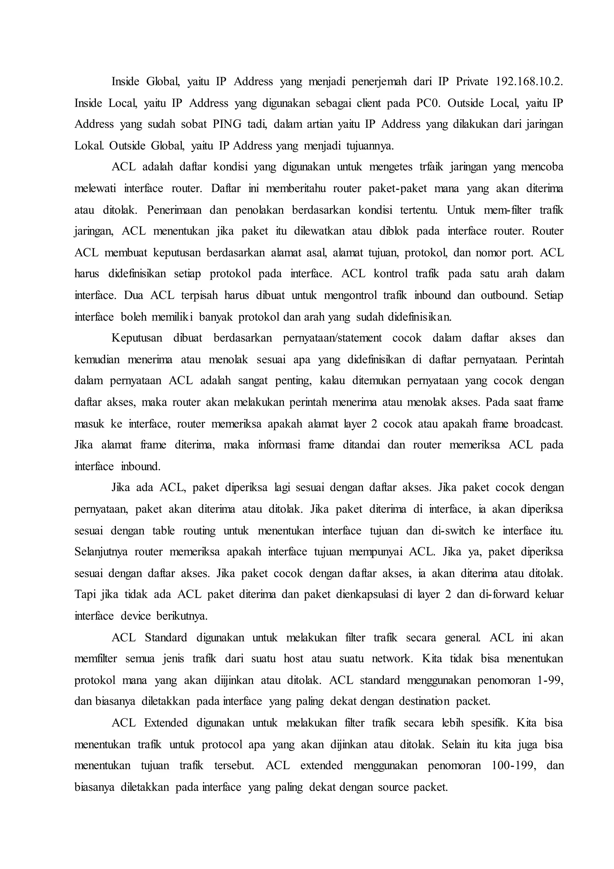 JARINGAN KOMPUTER LANJUTAN “NETWORK ADDRESS TRANSLATION (NAT) dan ACCESS CONTROL LIST (ACL) | DOCX