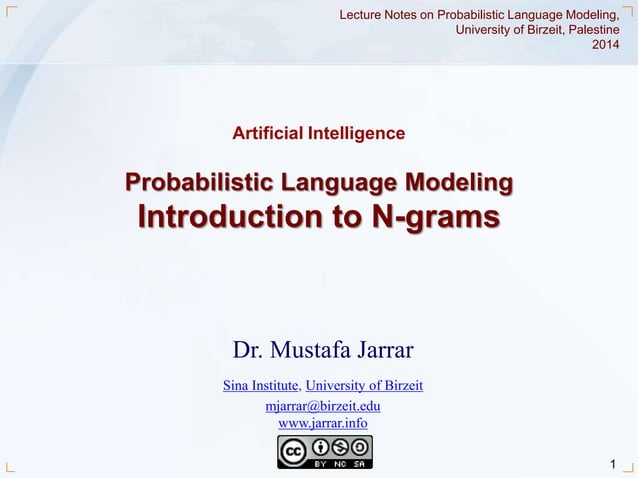 Jarrar: Probabilistic Language Modeling - Introduction to N-grams | PPT