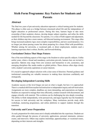 Sixth Form Programme: Key Factors for Students and Parents | PDF