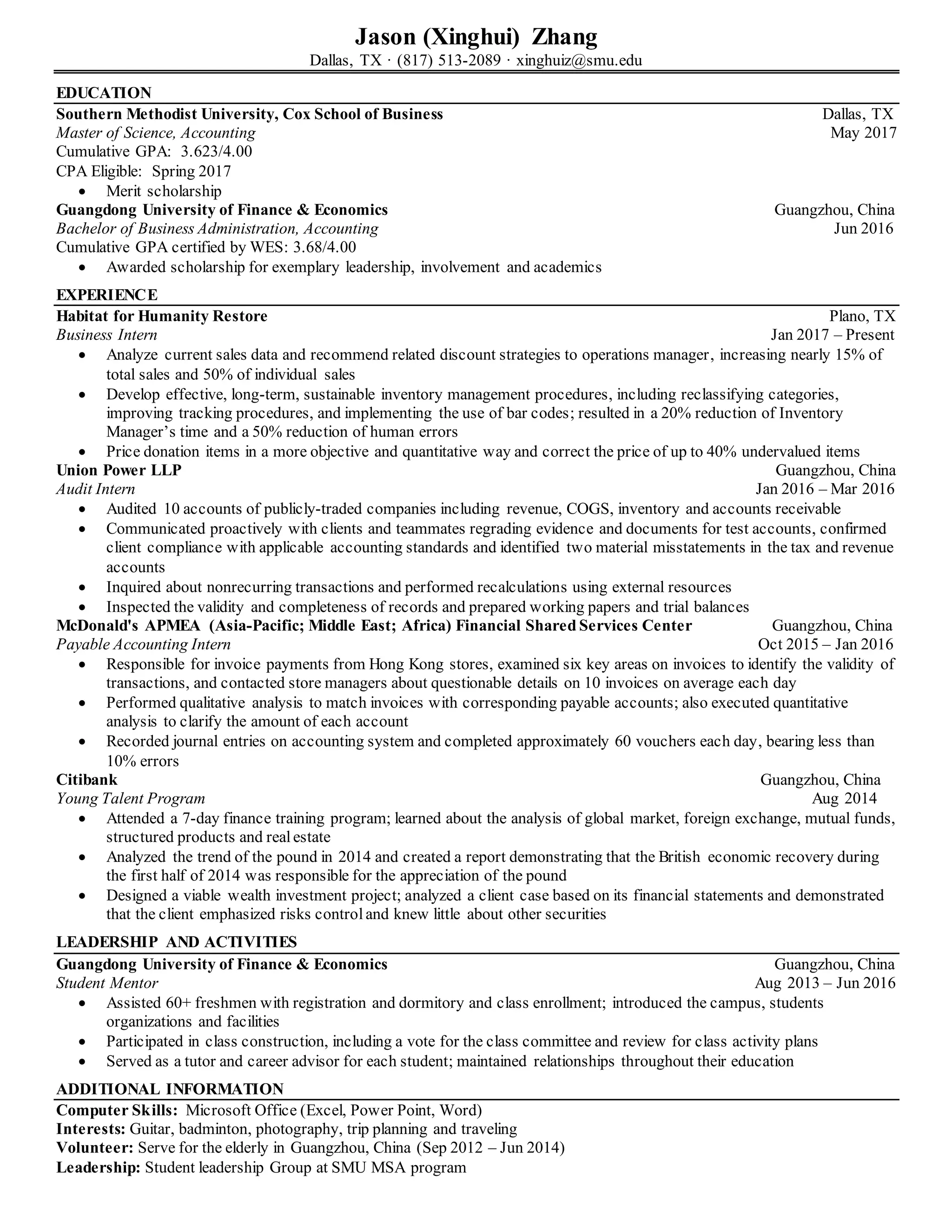 Jason zhang msa at smu cox-resume | DOCX