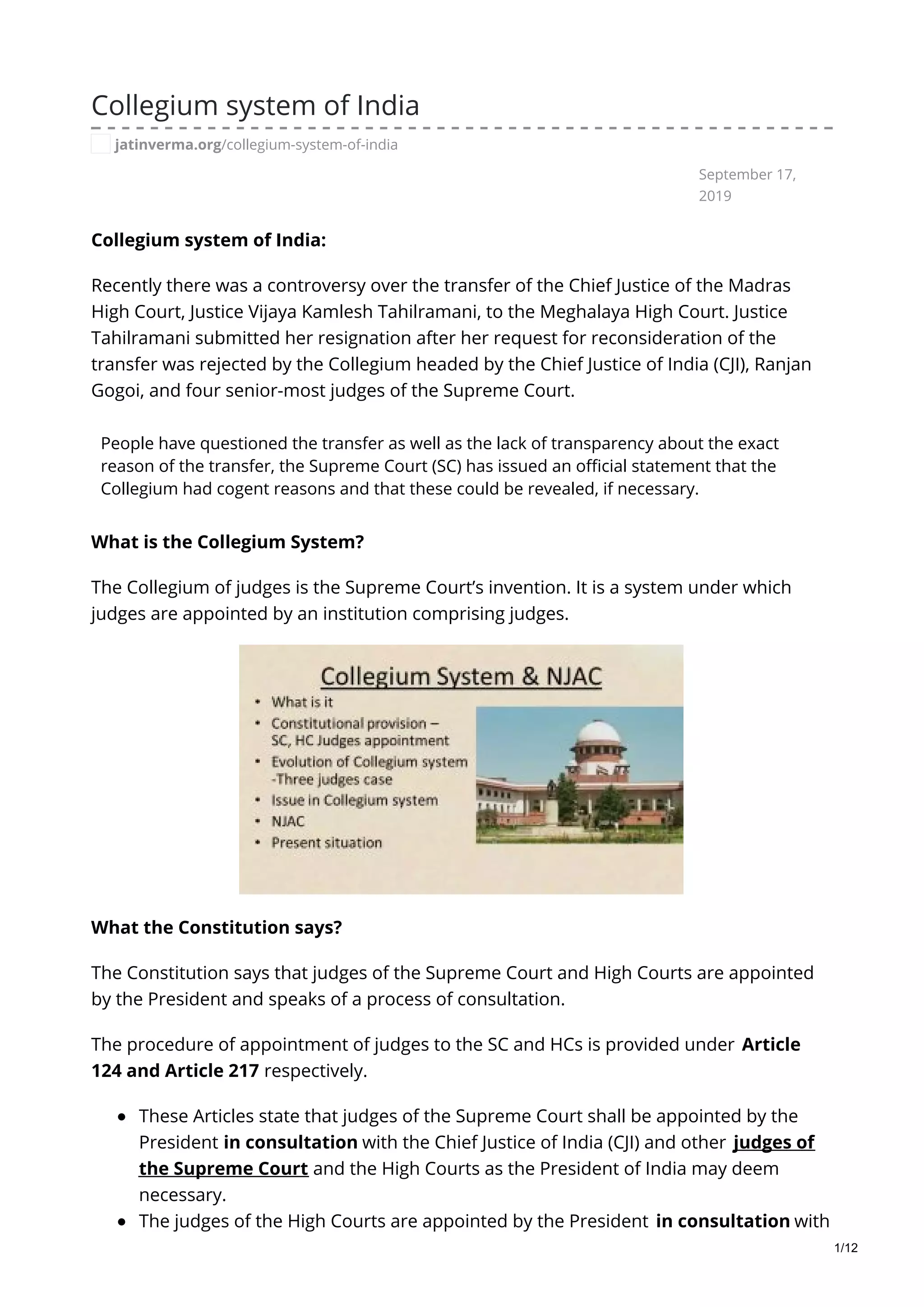 Collegium System of India | PDF