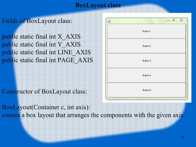 Java layoutmanager | PPT | Programming Languages | Computing