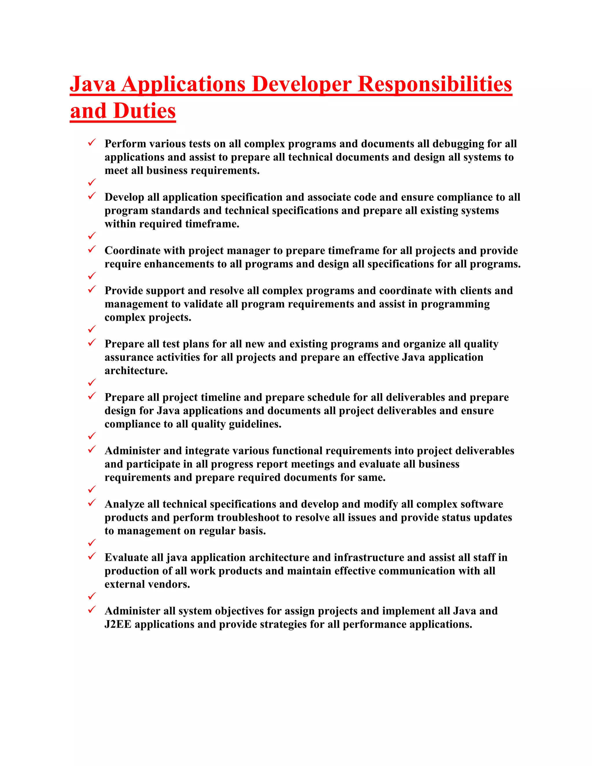 Java Developer Responsibilities and Duties Summary | PDF