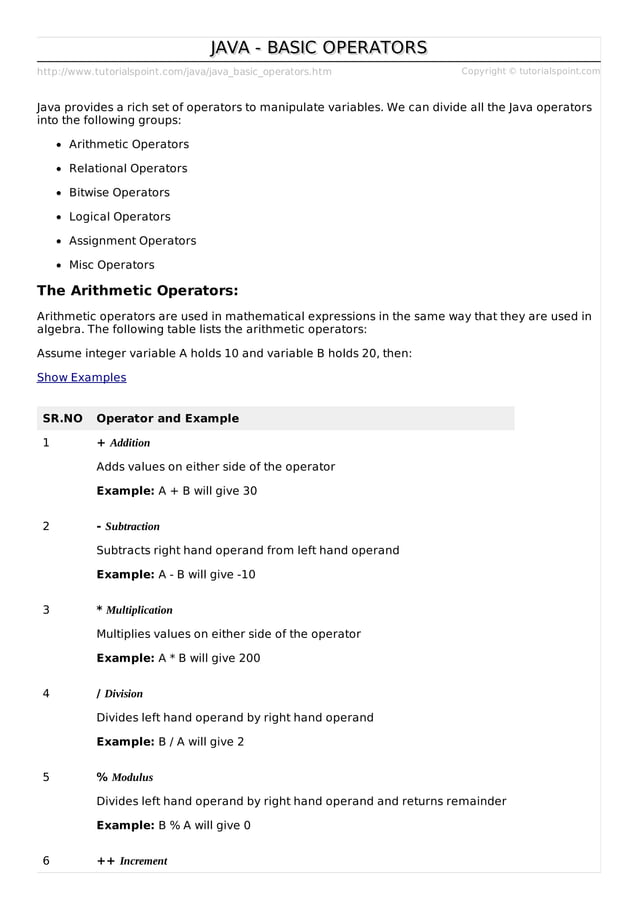 Java Basic Operators Pdf