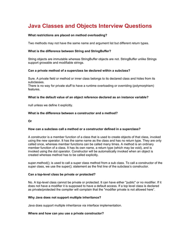 Java Classes And Objects Interview Questions Pdf